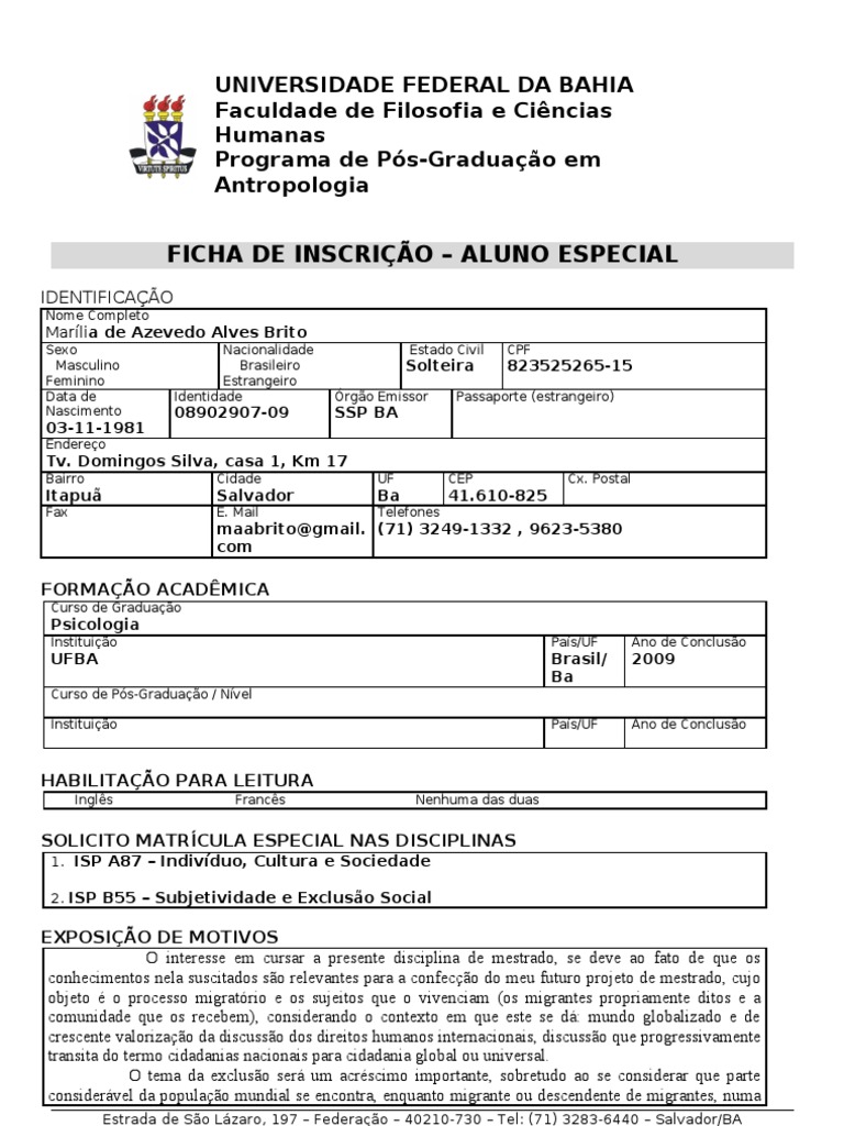 Ficha de Inscrição Aluno Especial - ISPB55 | PDF | Science | Pós-Graduação