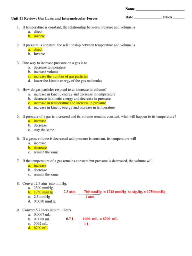 Unit 11 Test Review Key | Download Free PDF | Gases | Mole (Unit)