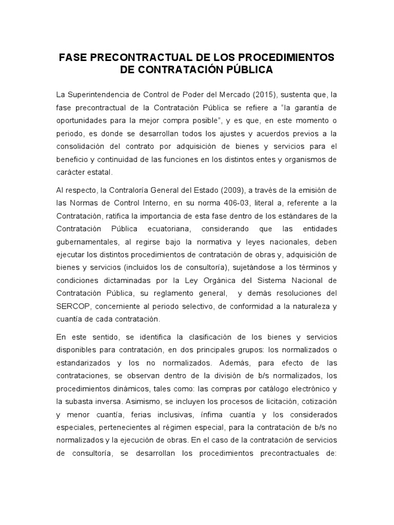 Fase Precontractual de Los Procedimientos de Contratación Pública | PDF | Regulación | Mercado ...