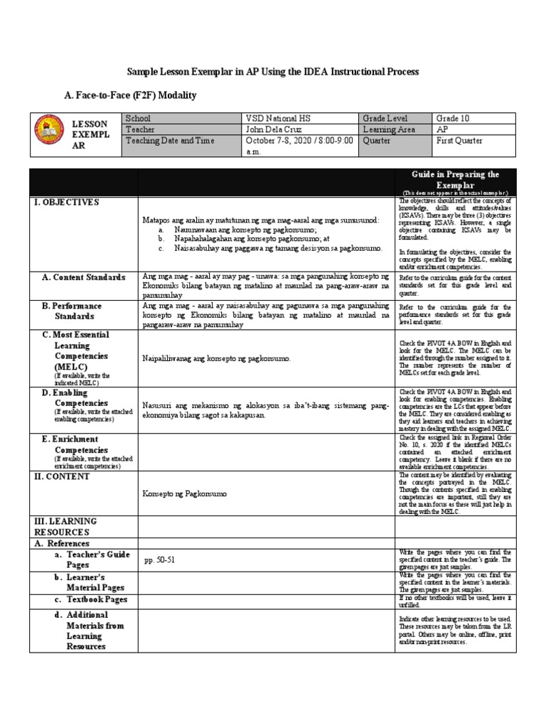 Sample Lesson Exemplar in AP Using The IDEA Instructional Process A ...