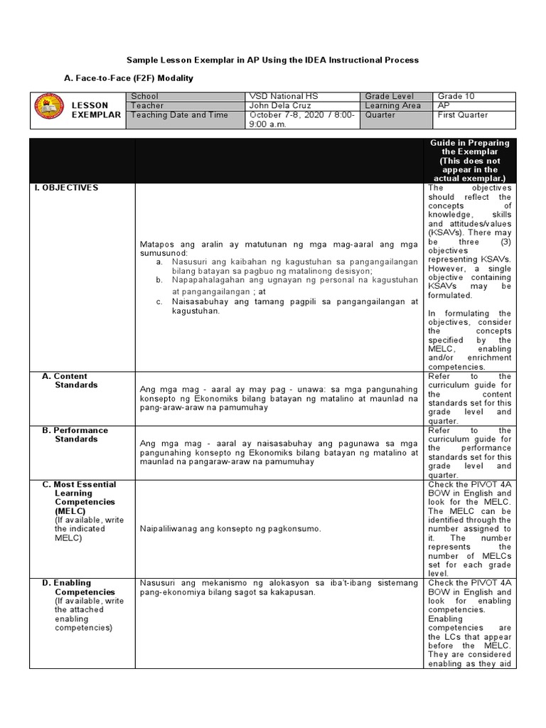 Sample Lesson Exemplar in AP Using The IDEA Instructional Process A ...