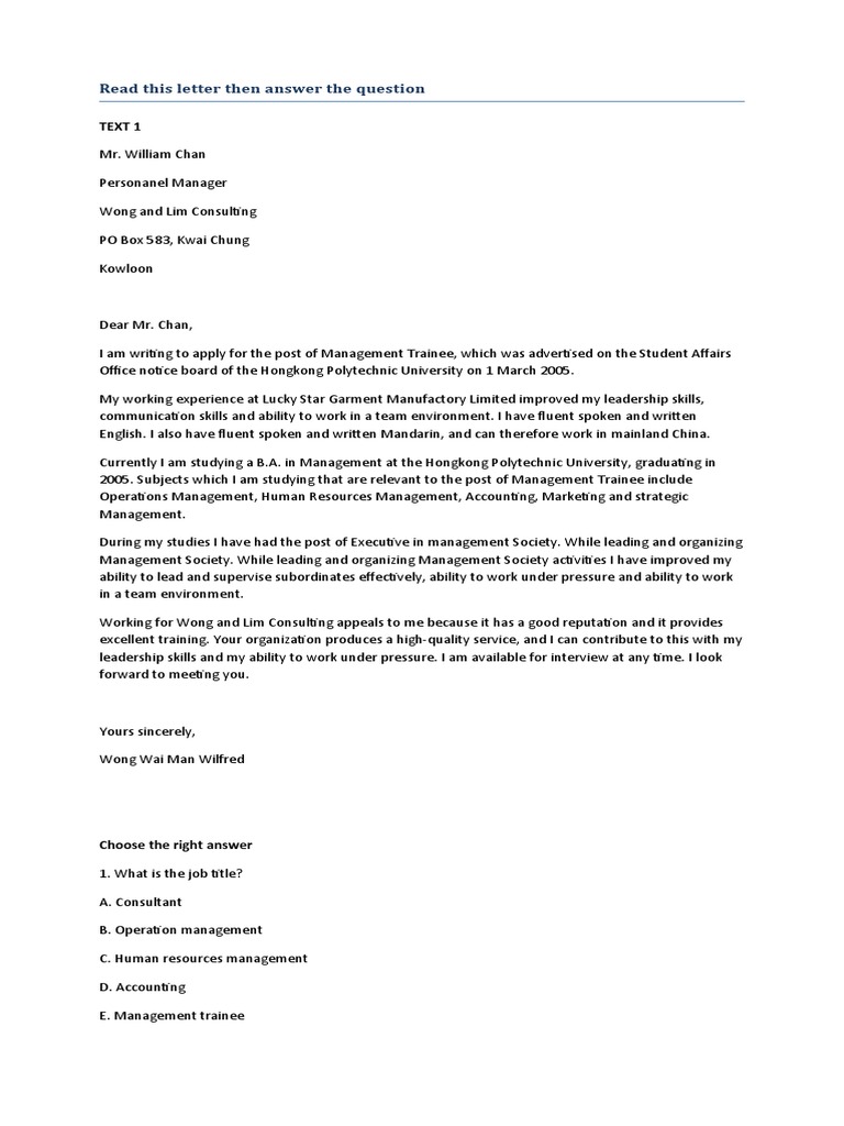 Read This Letter Then Answer The Question: Text 1 | PDF | Hong Kong ...