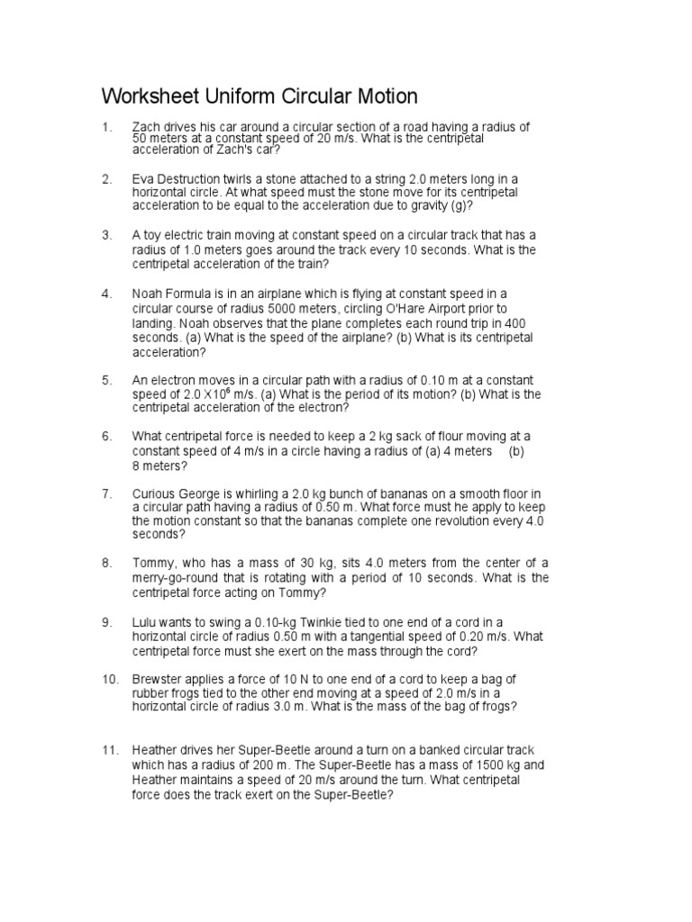 Worksheet Uniform Circular Motion | PDF | Acceleration | Speed