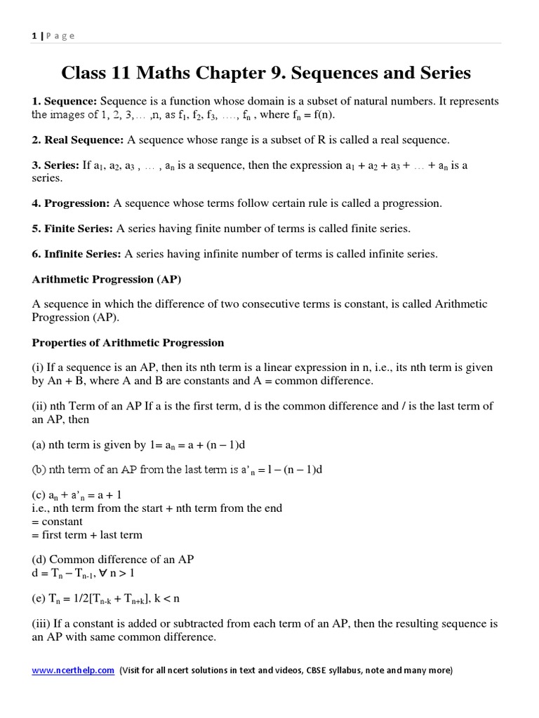 CBSE Notes For Class 11 Maths Chapter 9. Sequences and Series | PDF