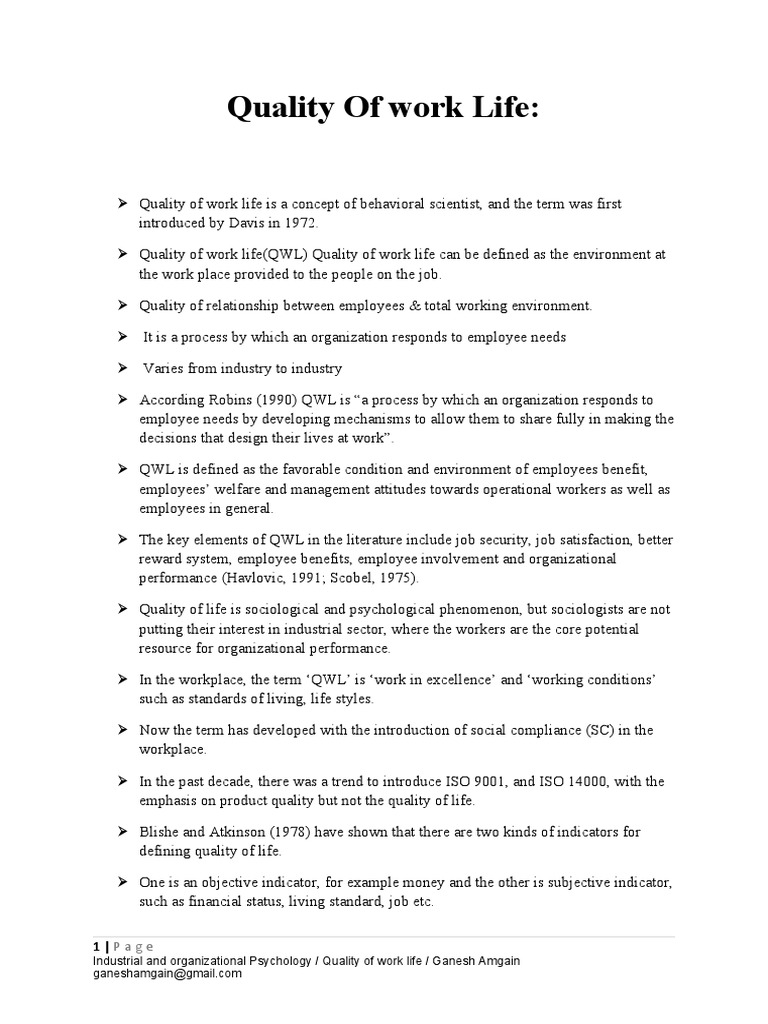 Quality of Work Life | PDF | Job Satisfaction | Work–Life Balance