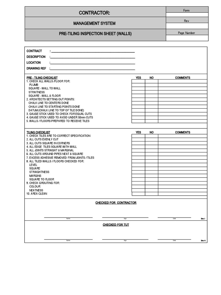 Contractor:: Management System Pre-Tiling Inspection Sheet (Walls) | PDF