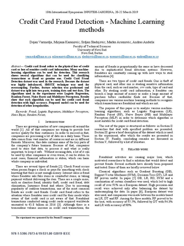 Credit Card Fraud Detection - Machine Learning Methods | PDF | Machine ...