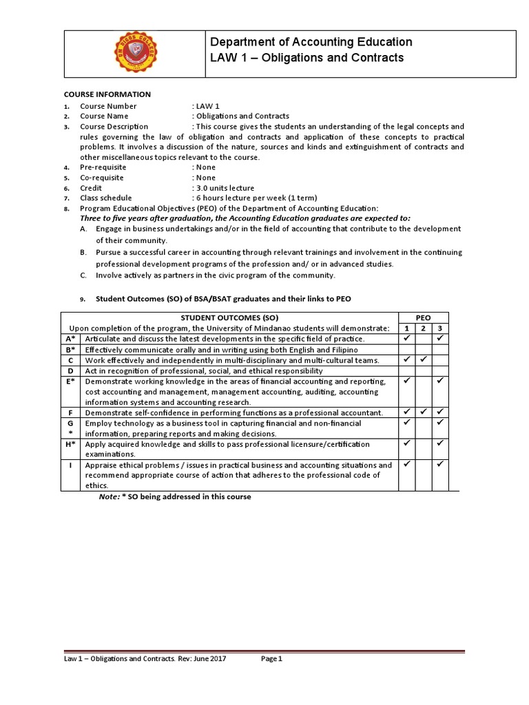 Department of Accounting Education LAW 1 - Obligations and Contracts ...