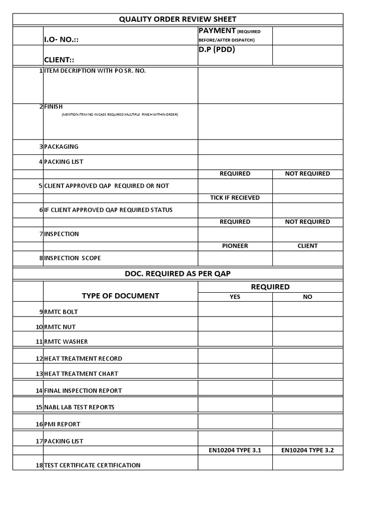 Quality Order Review Sheet I.O-NO.:: Client:: D.P (PDD) Payment | PDF