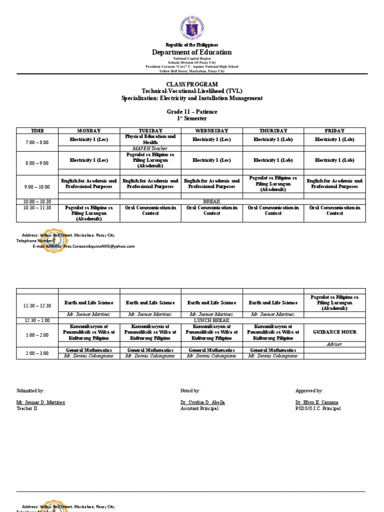 Class Schedule and Course Curriculum for Grade 11 Students Specializing ...