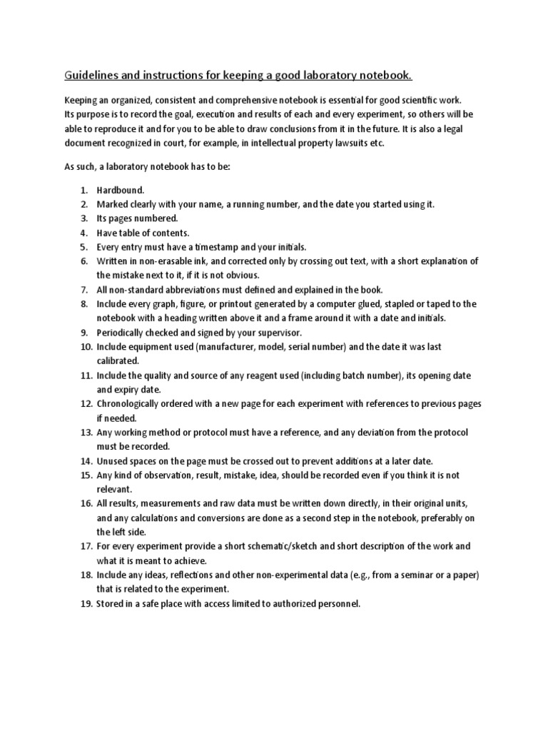 Guidelines and Instructions For Keeping A Good Laboratory Notebook ...