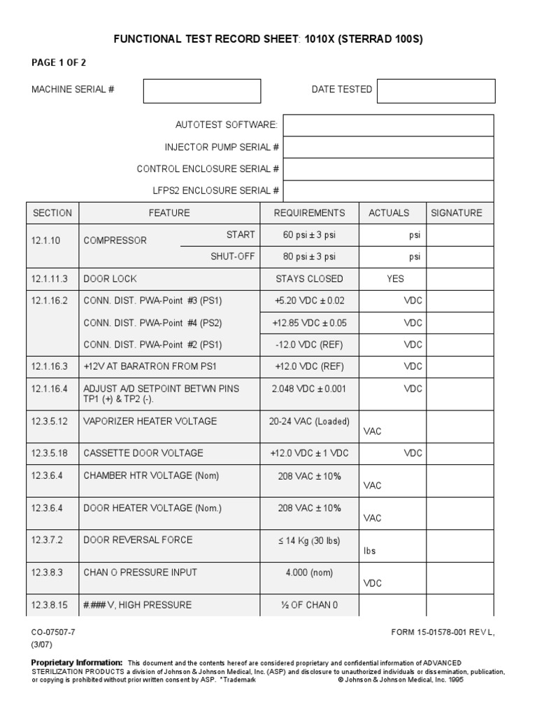 Functional Test Record Sheet: 1010X (Sterrad 100S) : Page 1 of 2 | PDF ...