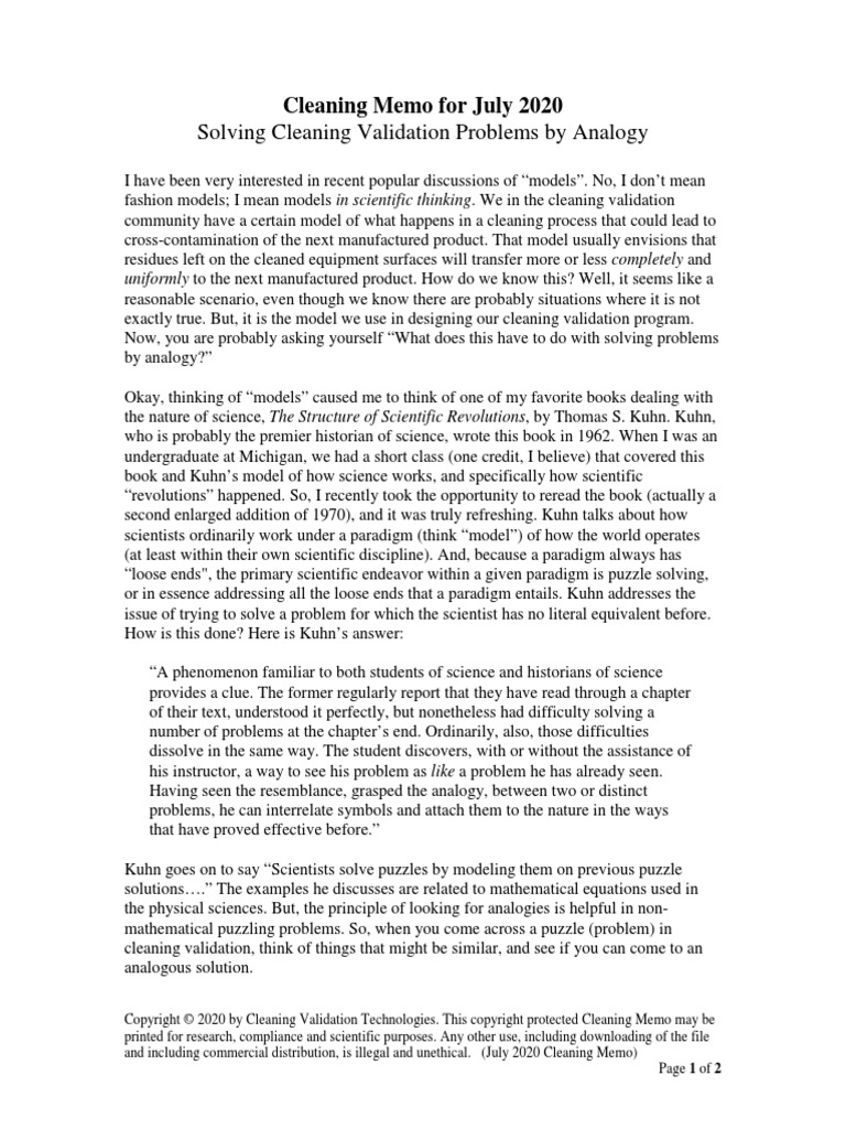 Solving Cleaning Validation Problems by Analogy: Cleaning Memo For July ...