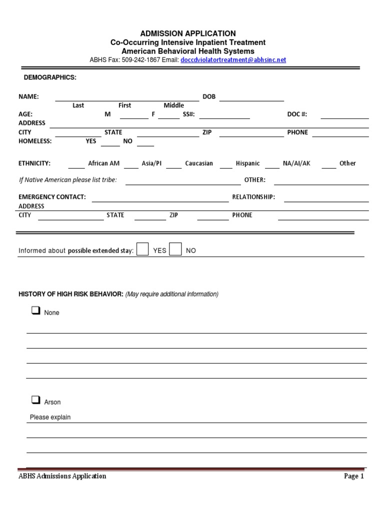 Co Occuring Intensive Inpatient Treatment Application Form | PDF ...