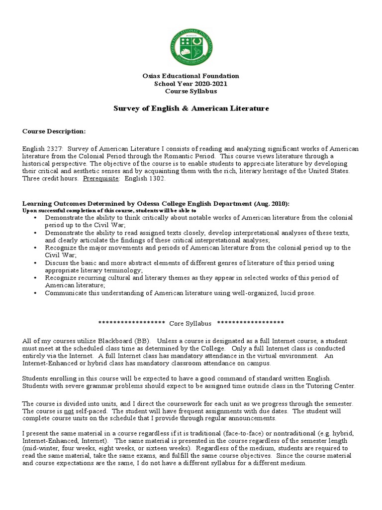 Survey of English & American Literature Syllabus | PDF | Test ...