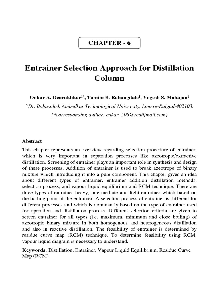 Entrainer Selection Approach For Distillation Column: Chapter - 6 | PDF ...
