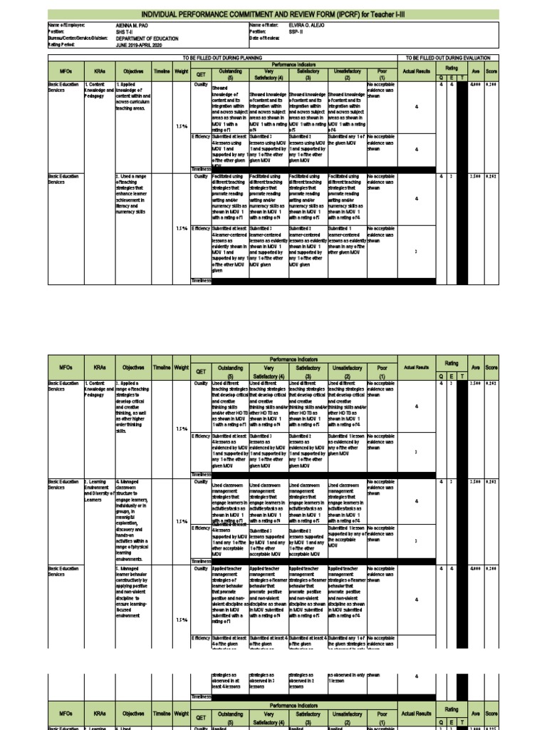 Individual Performance Commitment and Review Form (Ipcrf) For Teacher I ...
