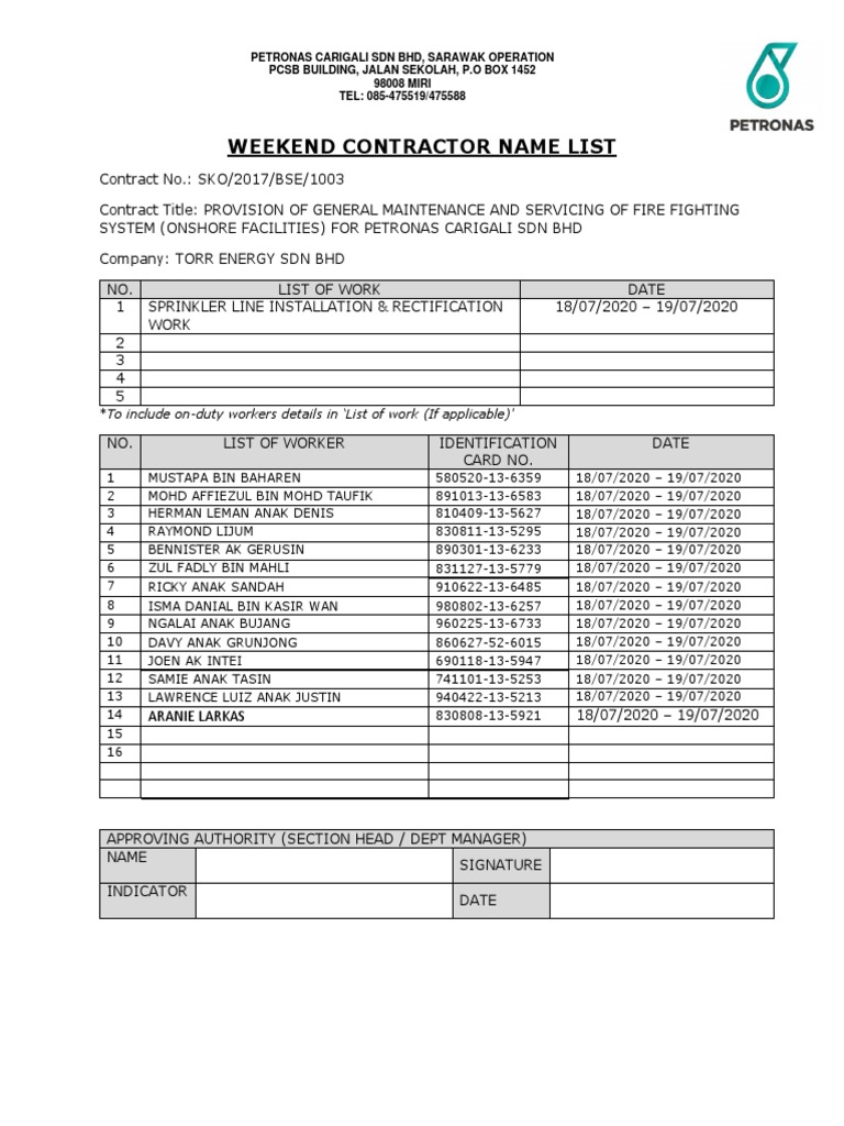 Weekend Contractor Name List: To Include On-Duty Workers Details in ...