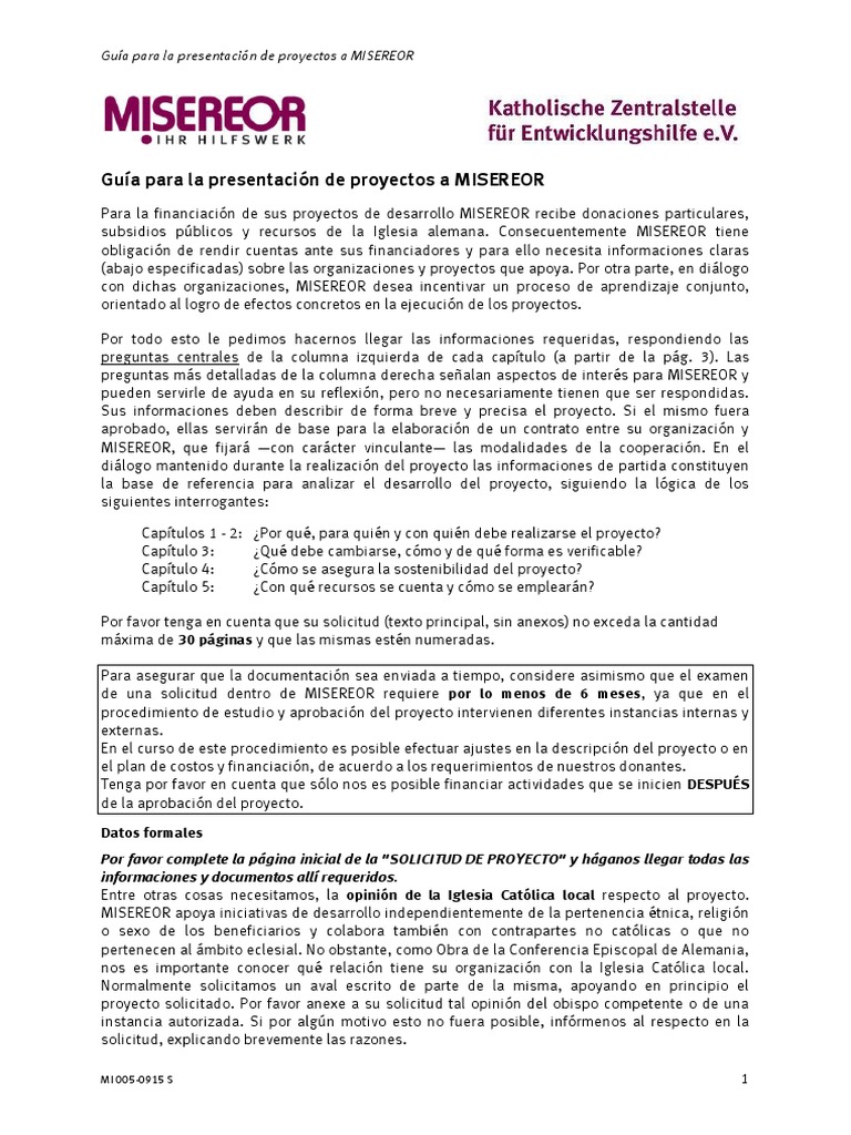 Guia para La Presentacion de Proyectos A Misereor | PDF | Planificación | Evaluación