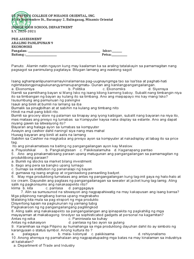 Diagnostic Test Grade 9 AP | PDF