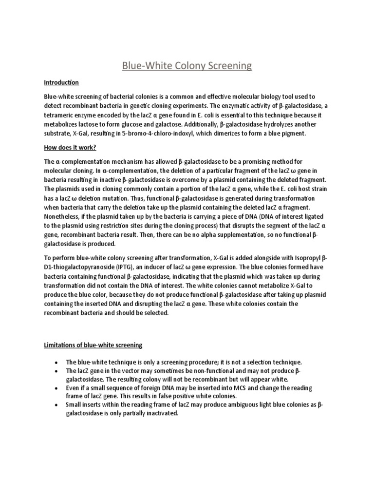 Blue-White Colony Screening Explained | PDF | Molecular Biology ...