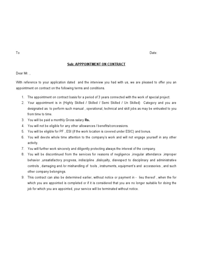 Model Contract Appointment Letter | PDF | Employee Relations | Labor