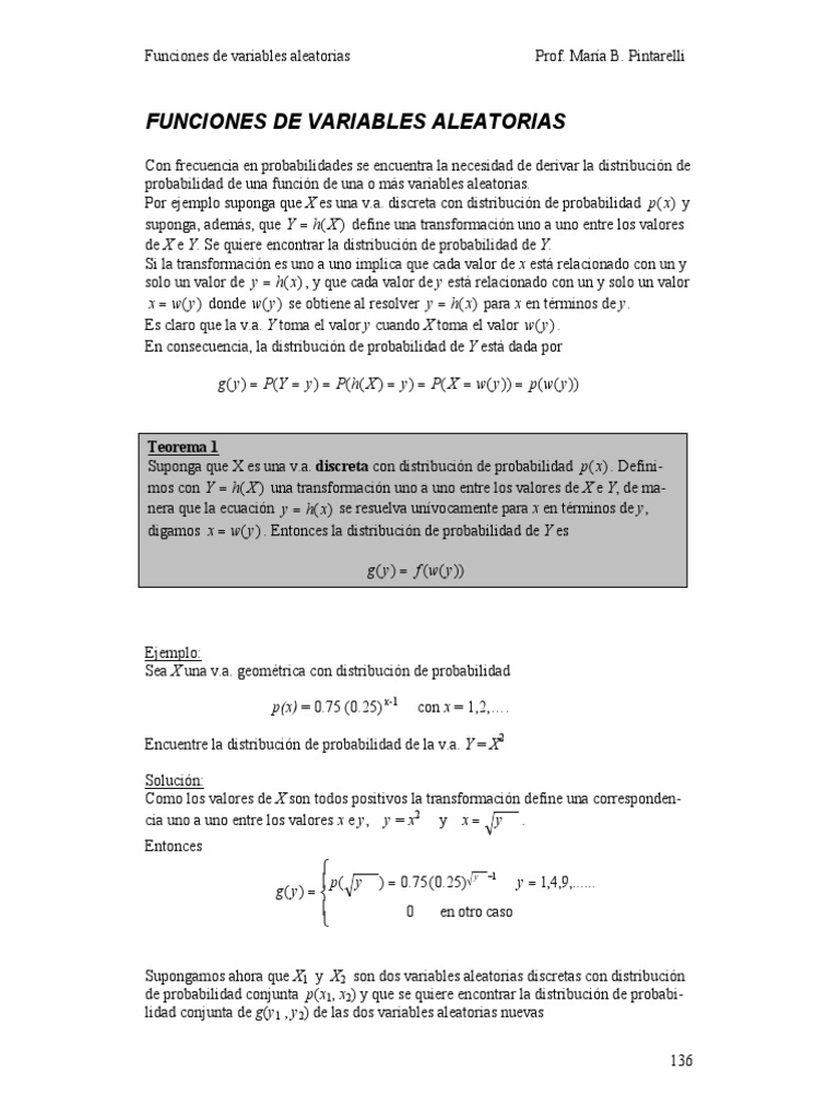 Funciones de Variables Aleatorias | PDF | Variable aleatoria | Distribución de probabilidad