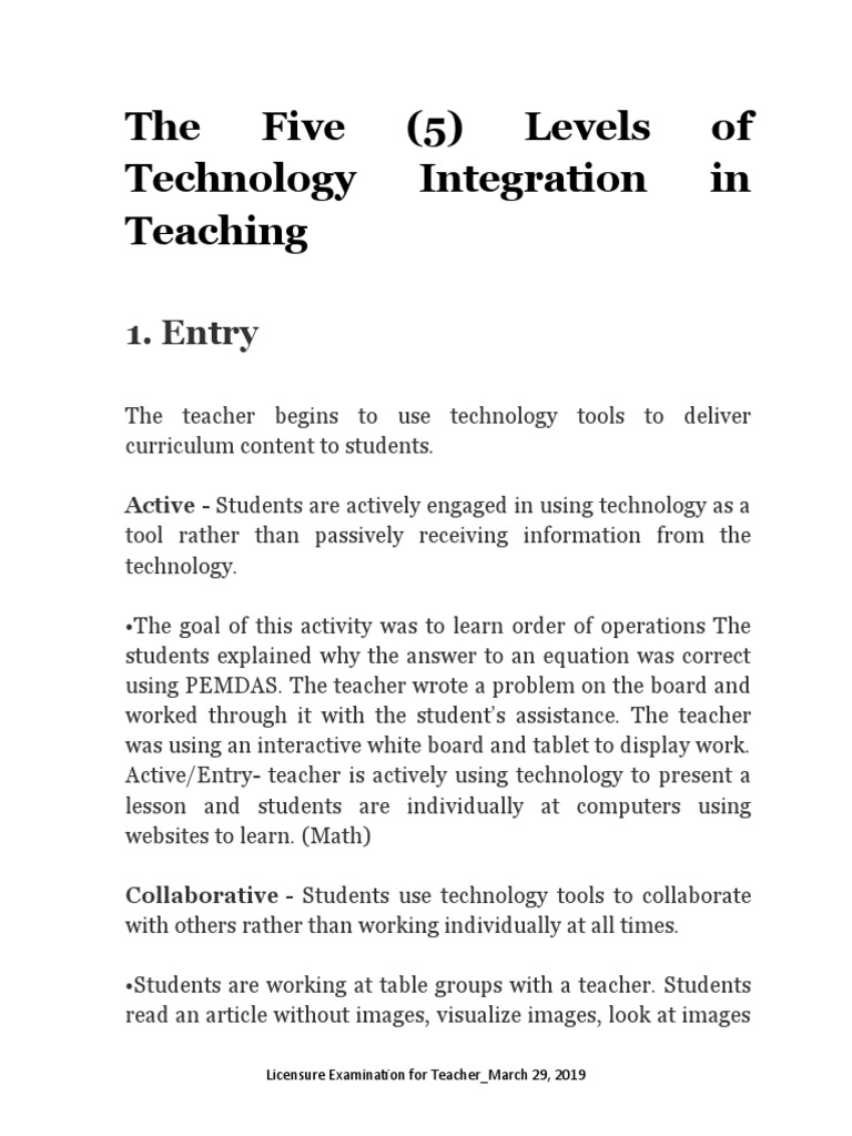The Five (5) Levels of Technology Integration in Teaching | PDF ...