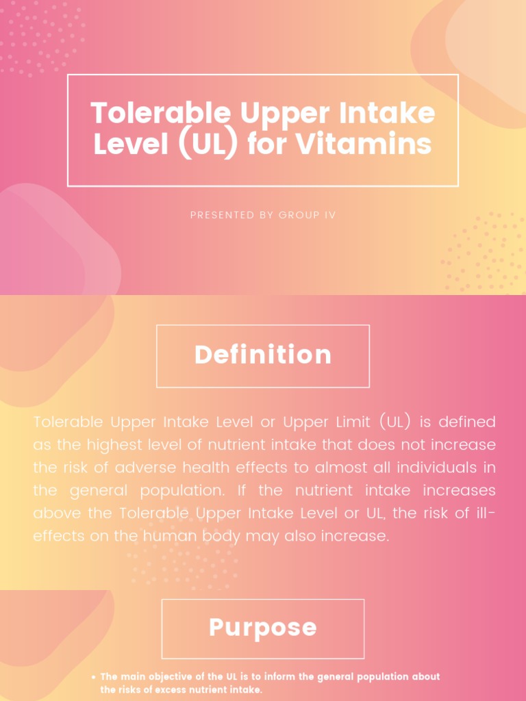 Tolerable Upper Intake Level (UL) For Vitamins: Presented by Group Iv ...