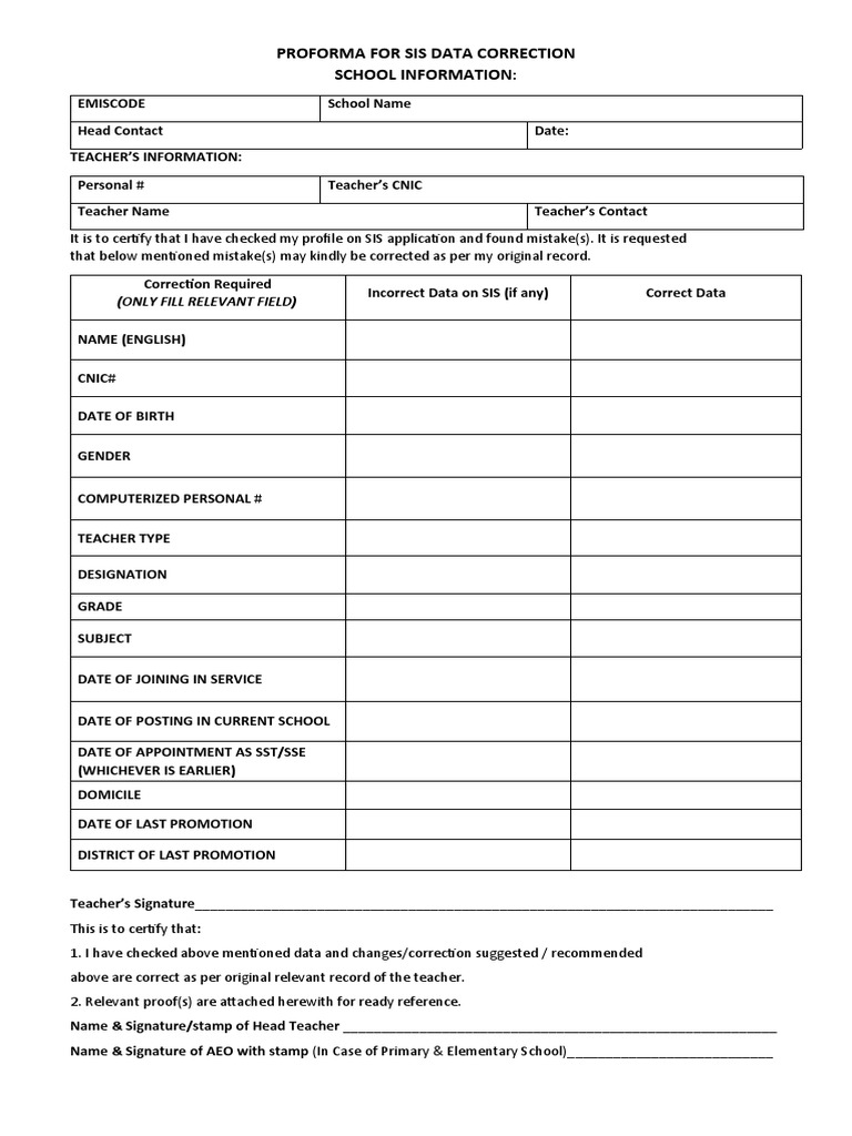 Proforma For Sis Data Correction | PDF