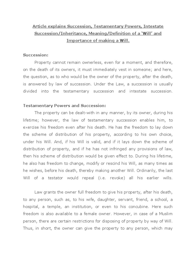 Article Explains Succession, Testamentary Powers, Intestate Succession ...