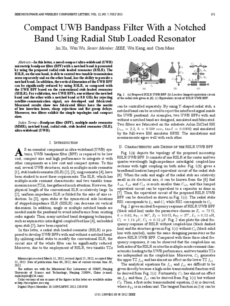 Compact UWB Bandpass Filter With A Notched Band Using Radial Stub Loaded Resonator | PDF ...