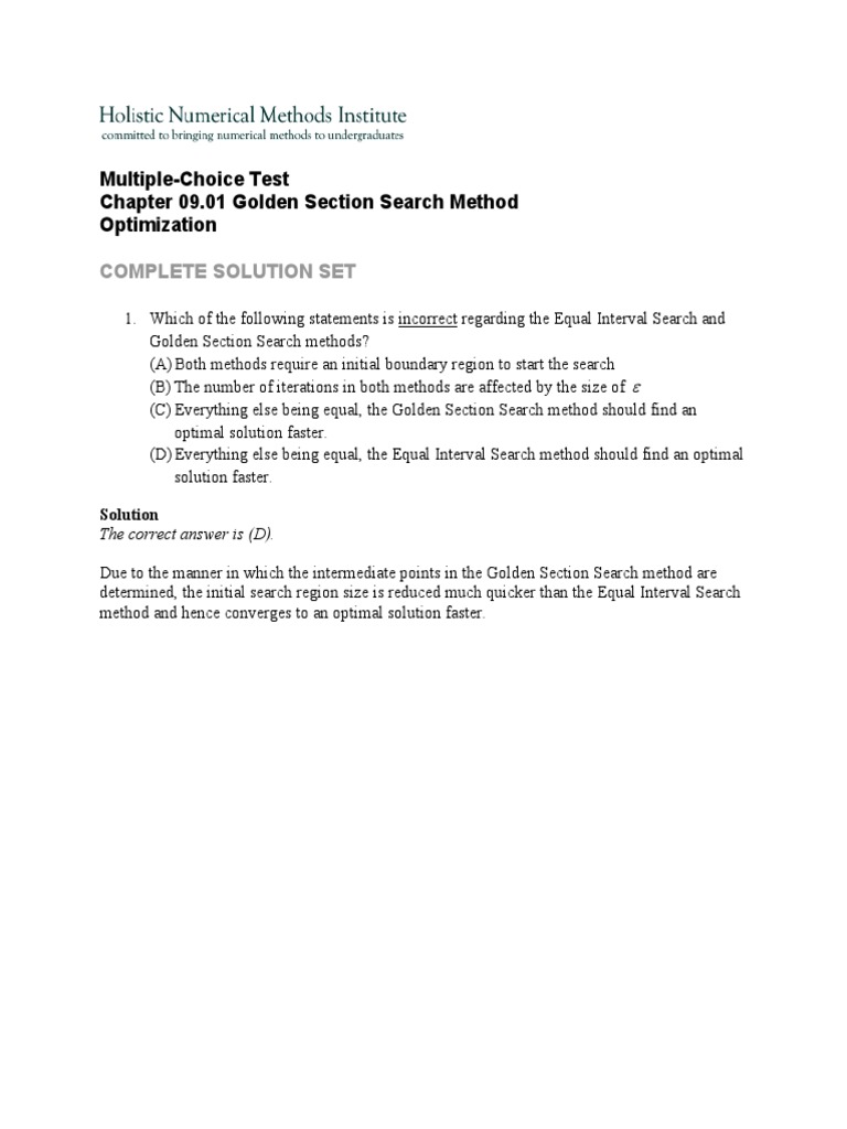 Multiple-Choice Test Chapter 09.01 Golden Section Search Method ...