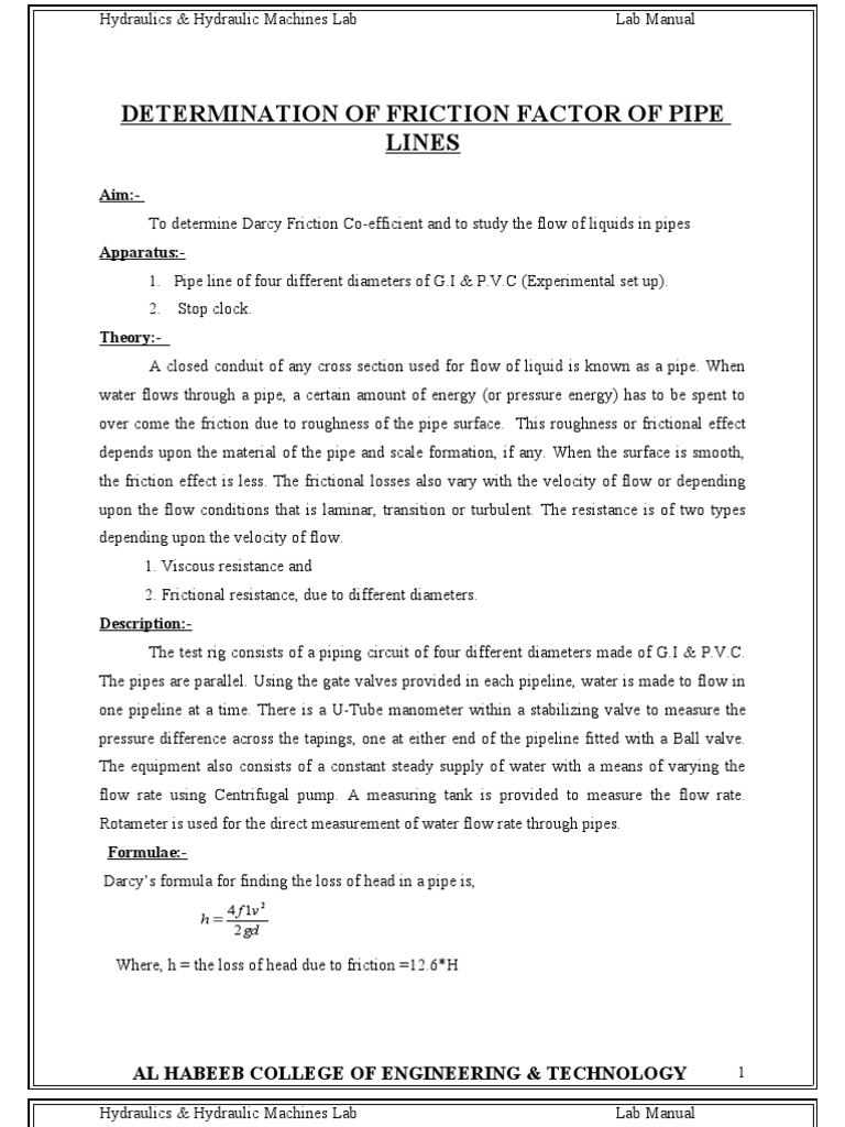 Determination of Friction Factor of Pipe Lines: Al Habeeb College of ...