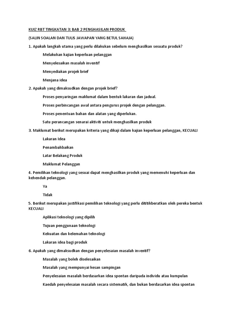 Soalan Kuiz RBT | PDF