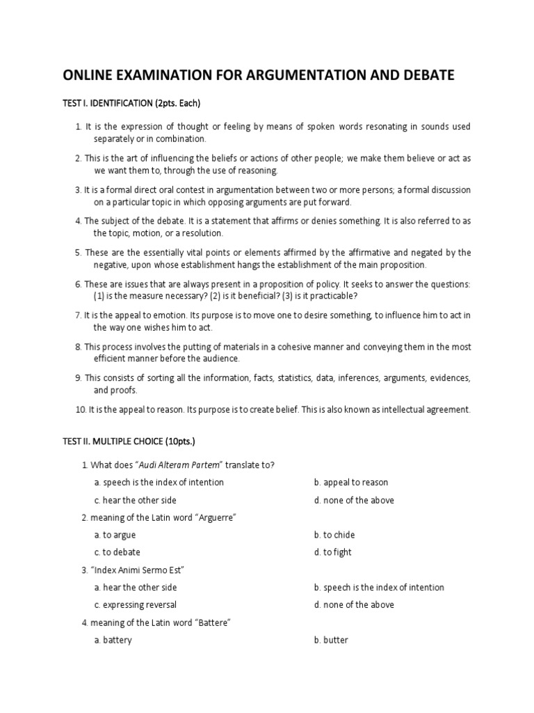 Online exam for argumentation and debate skills | PDF | Argumentation ...