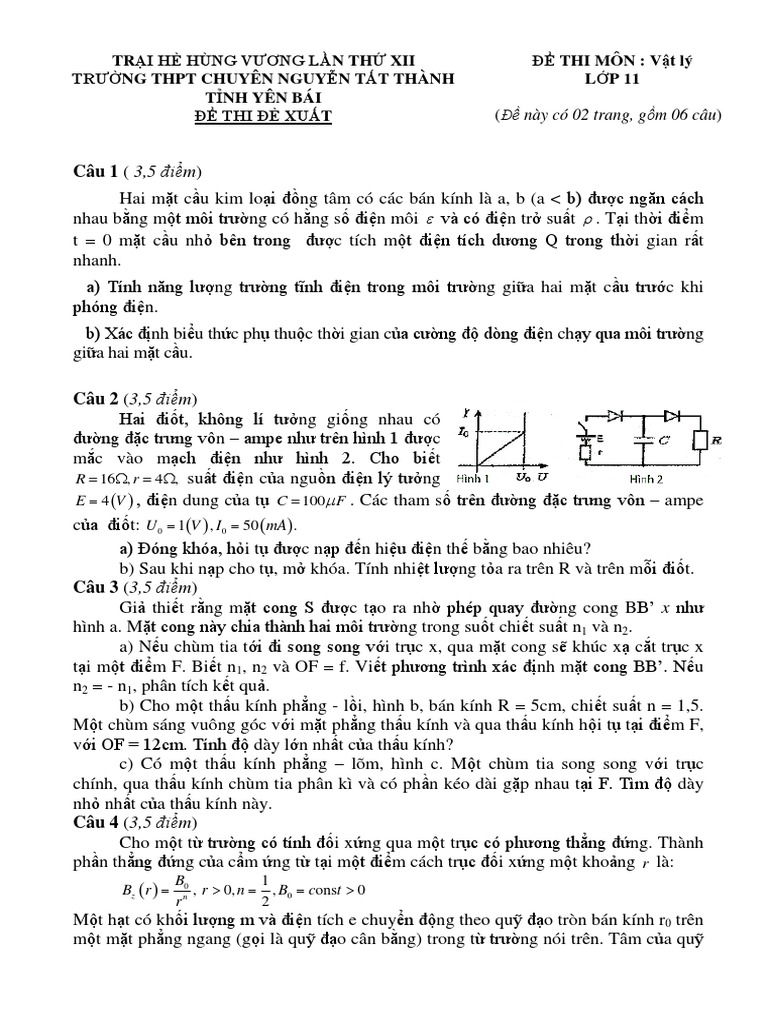 De Thi de Xuat Va Dap An Mon Vat Ly 11 Trai He Hung Vuong XII - THPT Chuyen Nguyen Tat Thanh Yen ...