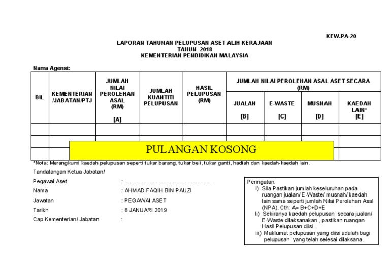 LAMPIRAN KEW - PA-20 (Laporan Tahunan Pelupusan Aset Alih Kerajaan) | PDF