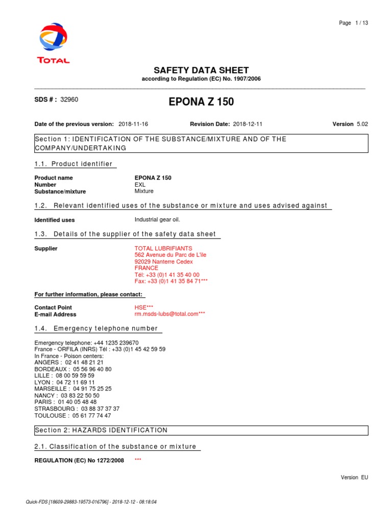 Epona Z 150: Safety Data Sheet | PDF | Personal Protective Equipment ...