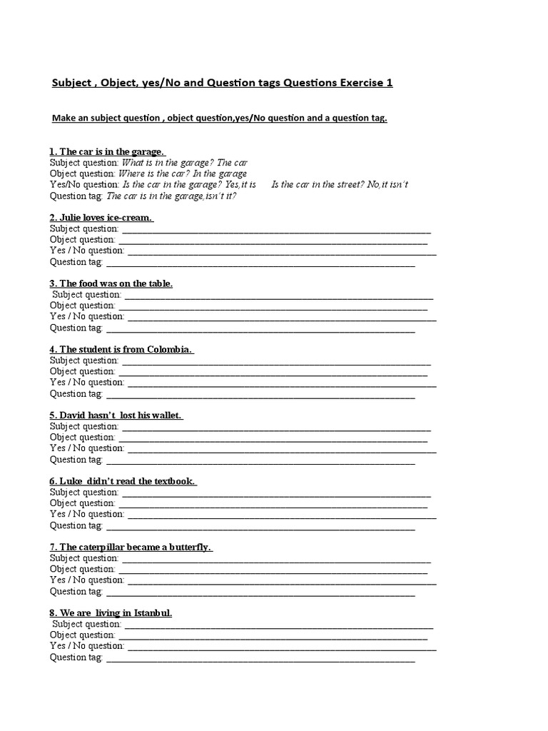 Subject, Object, Yes/no and Question Tags Questions Exercise 1 | PDF | Language Mechanics ...