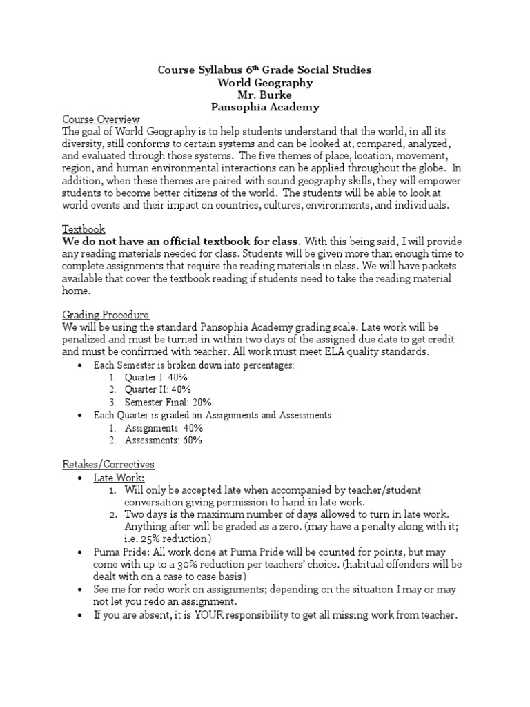 6th Grade World Geography Syllabus | PDF | Textbook | Teachers