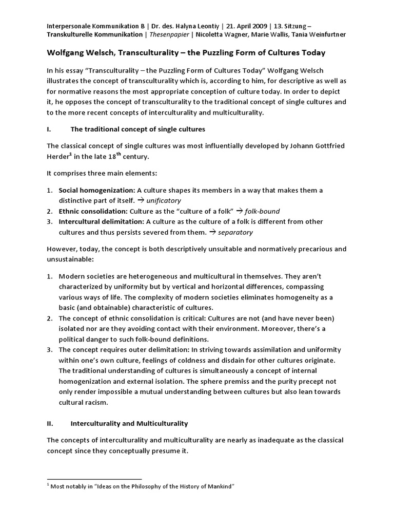 Transculturality: Welsch's Perspective | PDF | Multiculturalism ...