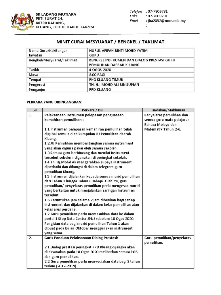 Minit Curai Mesyuarat SKLM | PDF