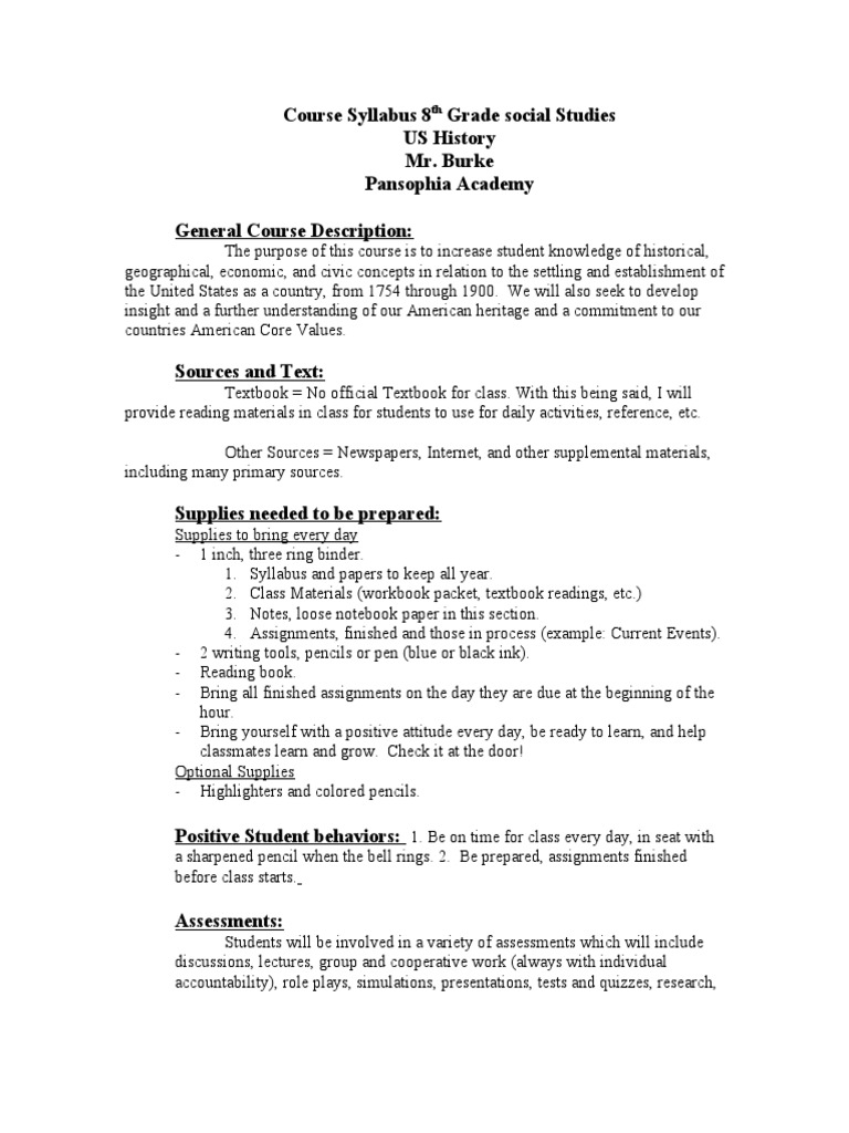 8th Grade US History Course Syllabus | PDF | Textbook | Pencil