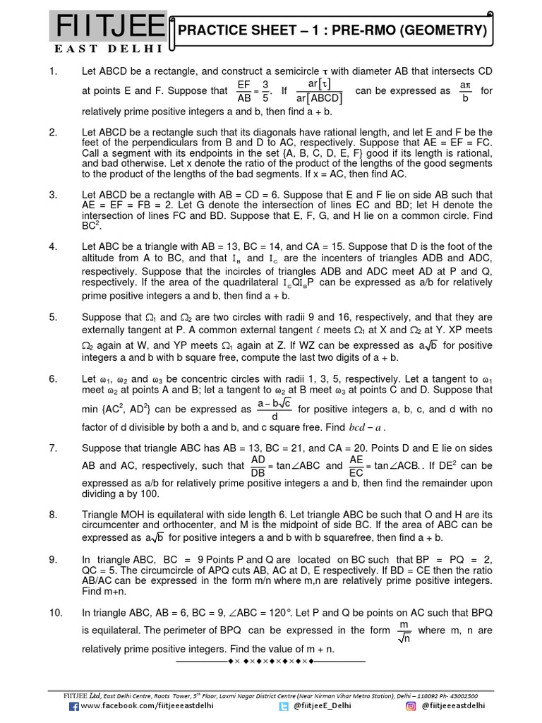 Fi I Tjee: Practice Sheet - 1: Pre-Rmo (Geometry) | PDF | Triangle ...