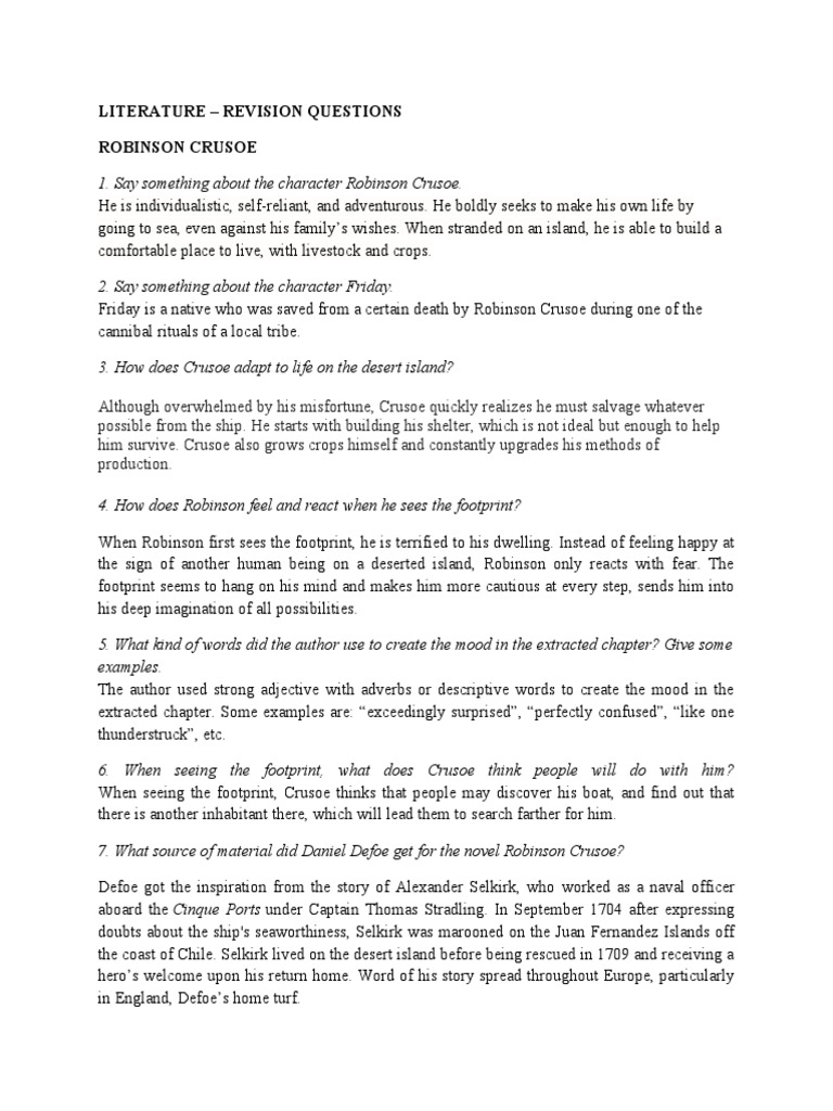 Literature - Revision Questions Robinson Crusoe | PDF | Robinson Crusoe