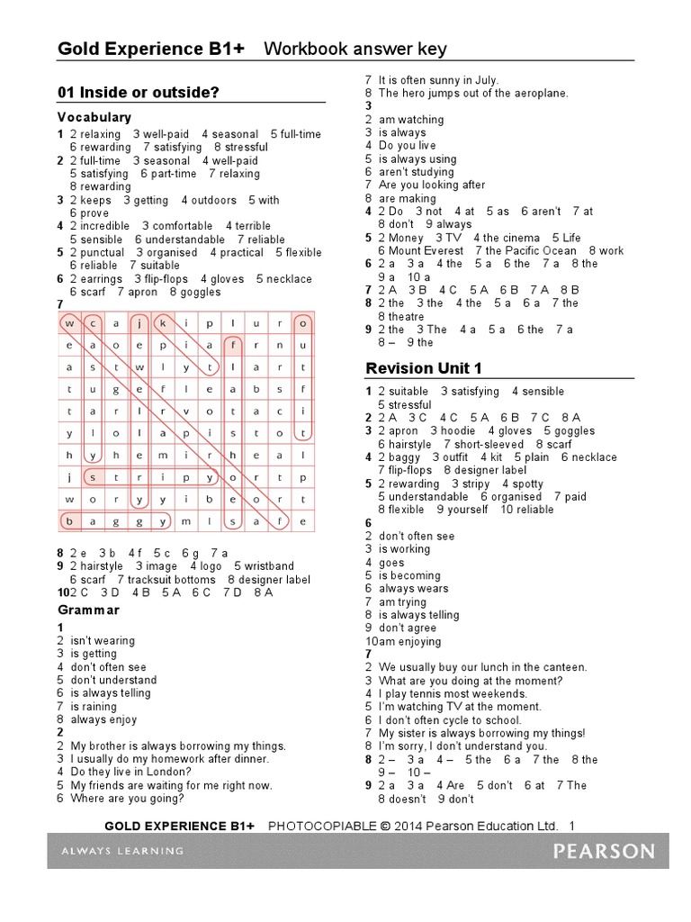 Gold Experience B1+ Workbook Answer Key: 01 Inside or Outside? | PDF | Nature