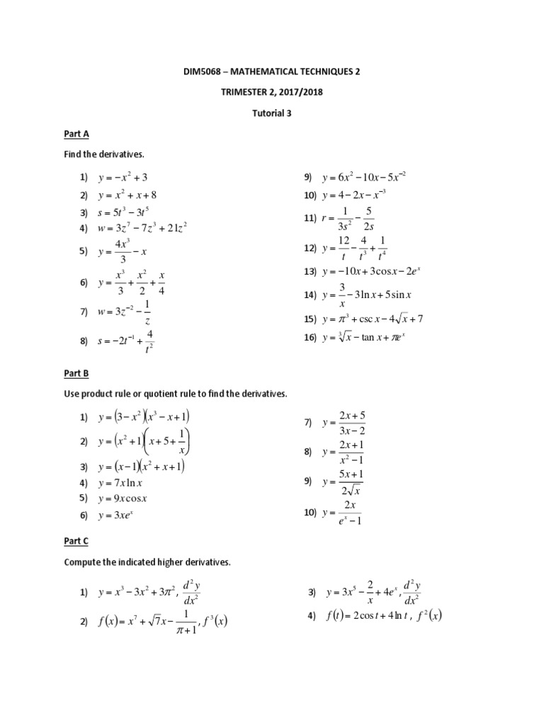 Solutions to Mathematical Techniques 2 Tutorial 3 Problems on Derivatives, Product Rule ...