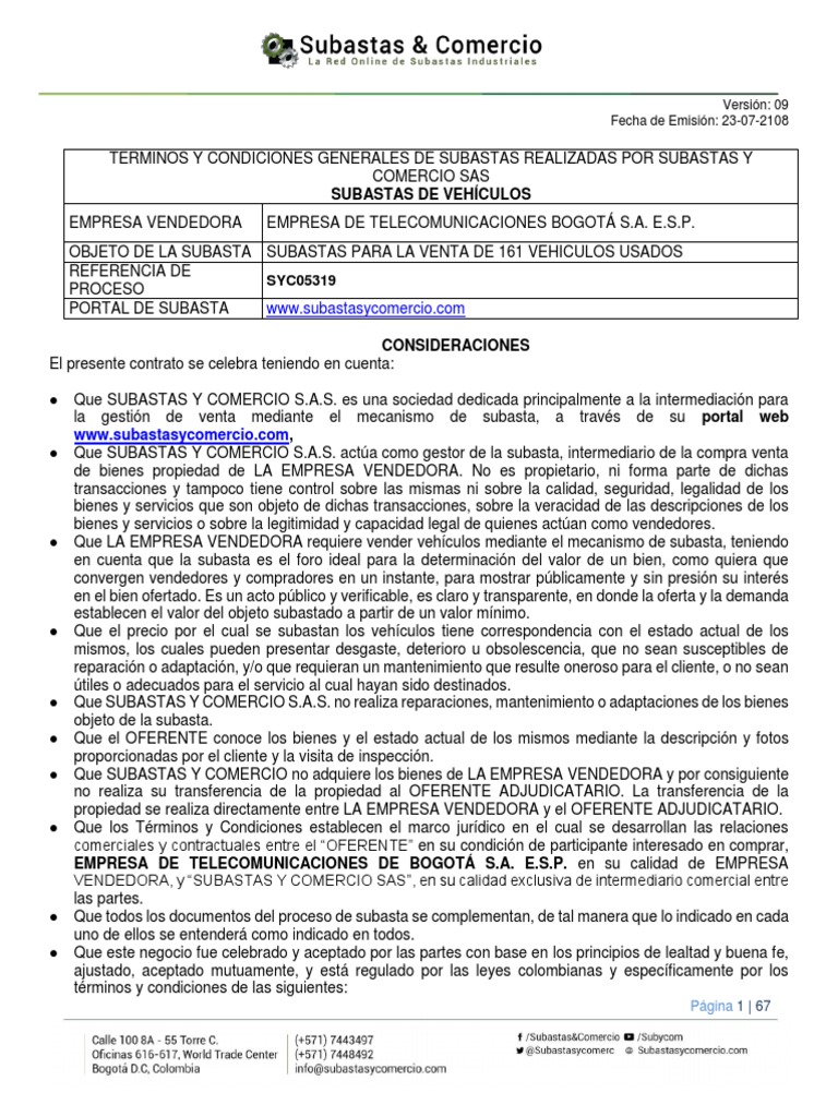 Pliego Condiciones Subasta 161 Vehículos Etb-Proceso - Syc05319 | PDF | Subasta | Precios