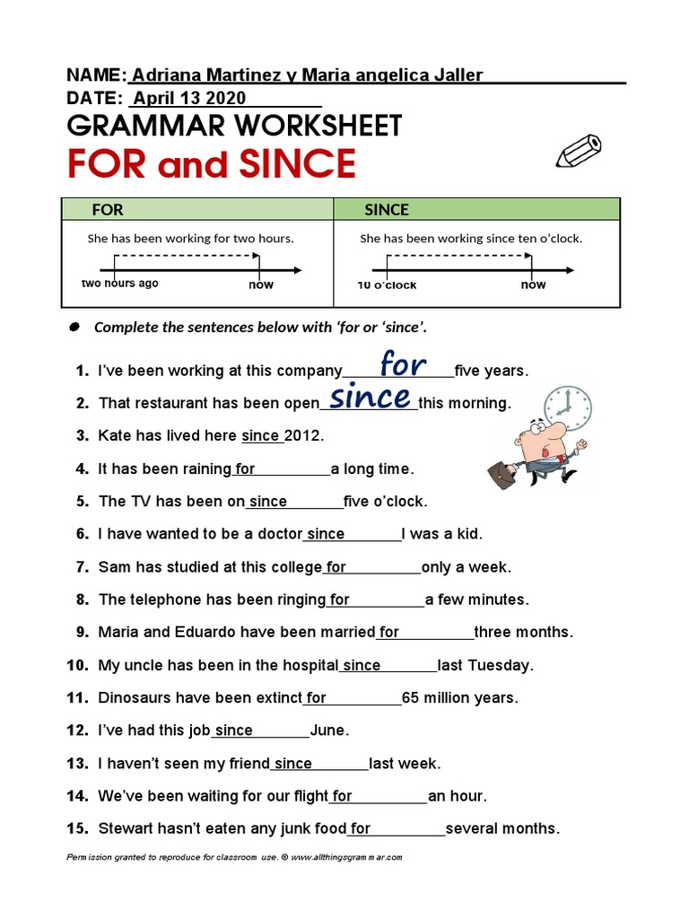 FOR Since: Grammar Worksheet | PDF